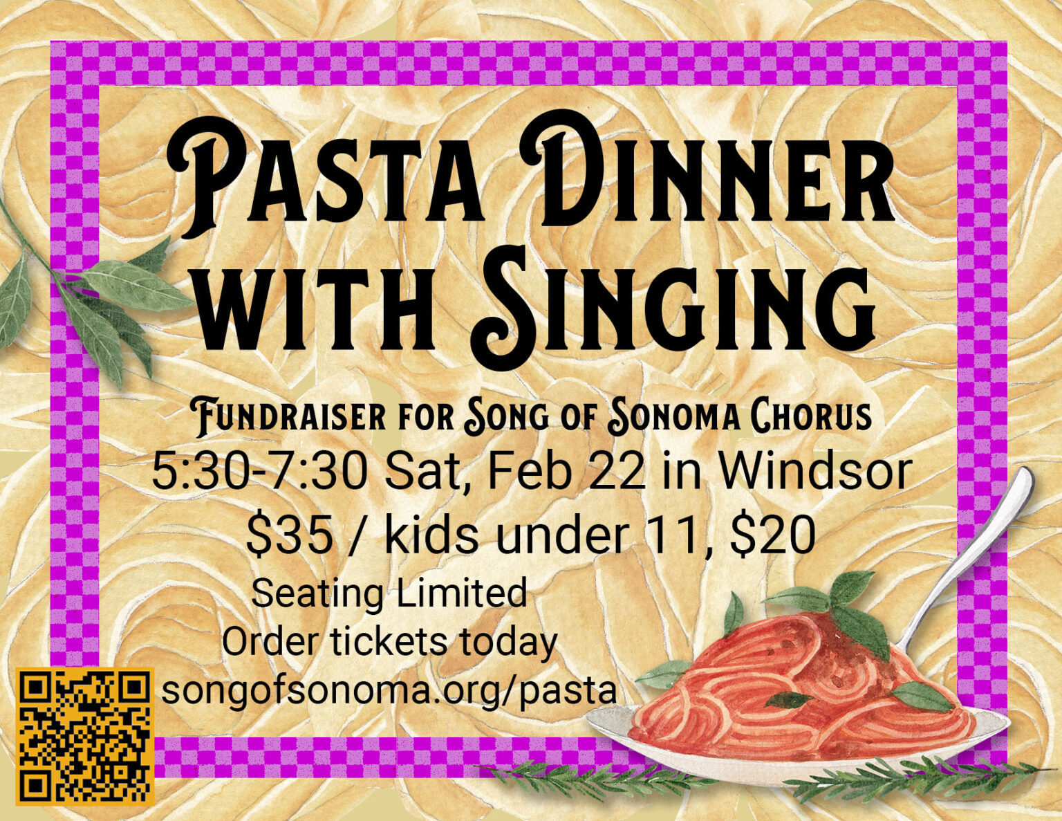 Pasta Dinner with Singing – Feb 22, 2025 – Song of Sonoma